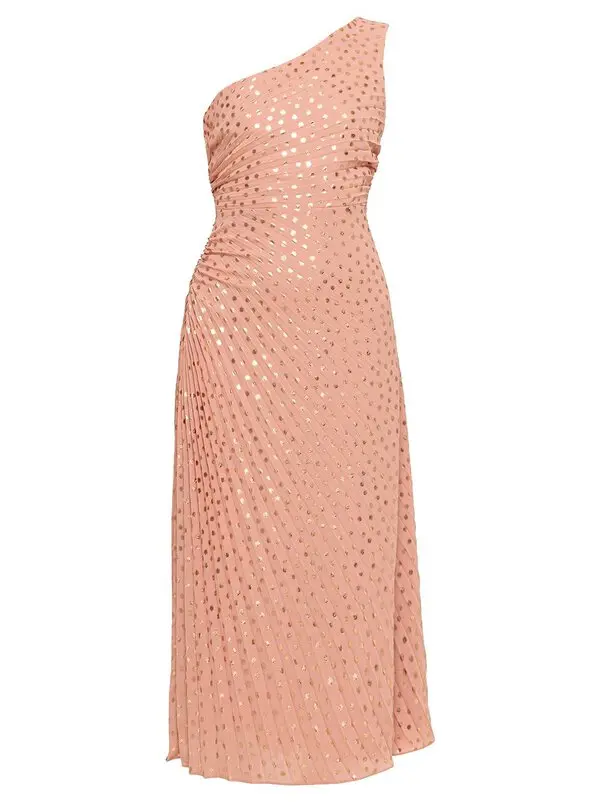 NISSA Metallic Dot Pleated Midi Dress - Pink