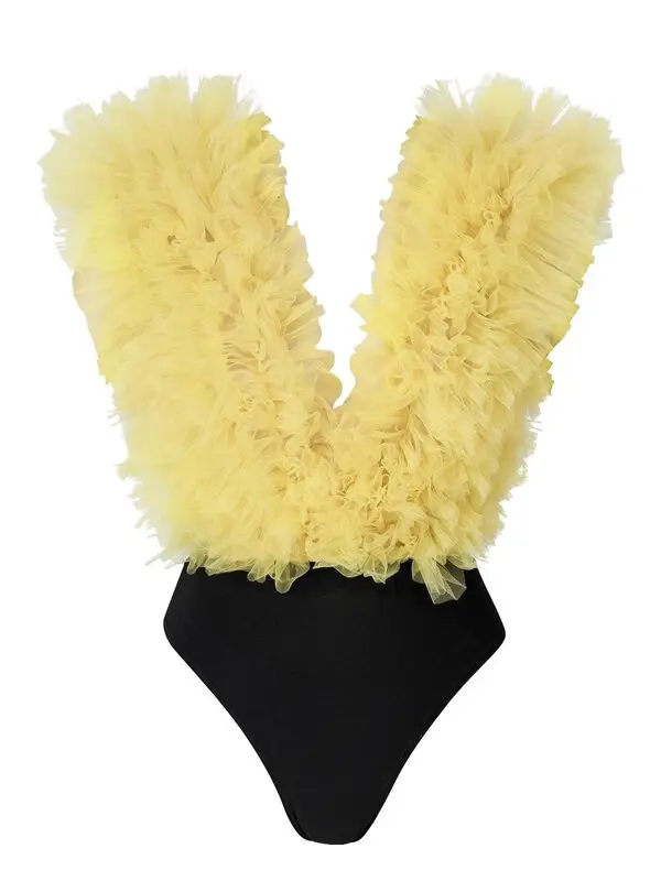 LIA ARAM Signature Ruffled Tulle Bodysuit - Yellow