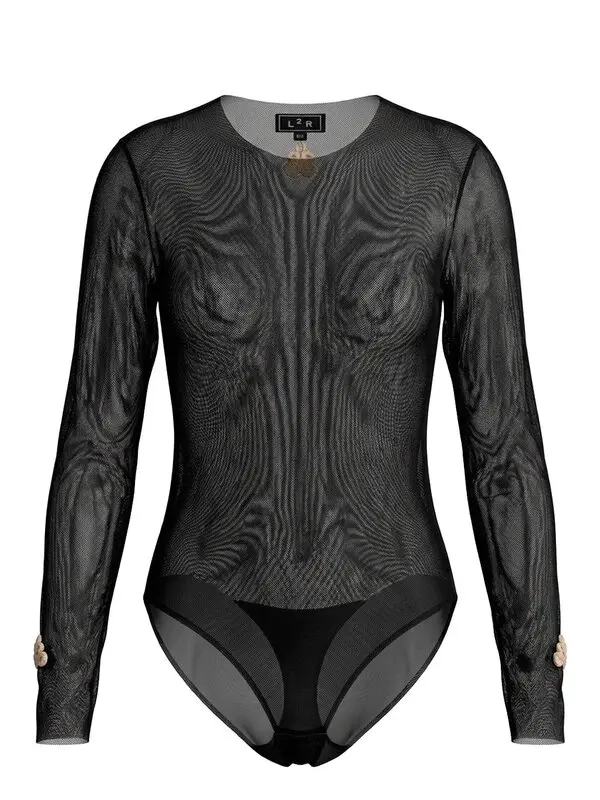 L2R THE LABEL Embellished Mesh Crewneck Bodysuit - Black