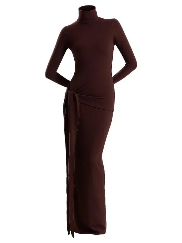 MAISON DE GALA Maxi Dress With Turtleneck And Side Slit - Brown