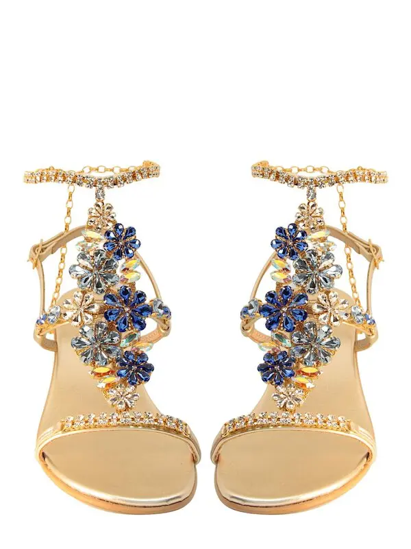 DAMAPREZIOSA Daisy Aquamarine Jewel Sandal With Crystal Flowers And Block Heel - Gold