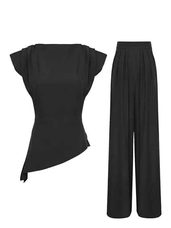 BLUZAT Viscose Crepe Set With Structured Shoulder Top And Palazzo Pants - Black