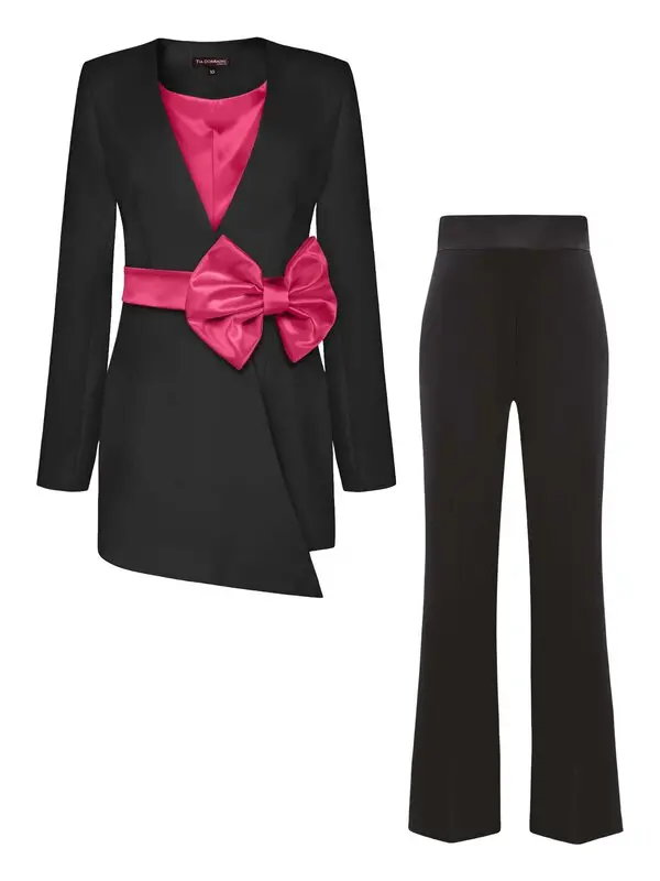 TIA DORRAINE Power Suit With Satin Bow Belt - Black