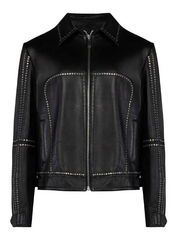 PCFG Printed Leather Jacket With Metal Rivet Details - Black