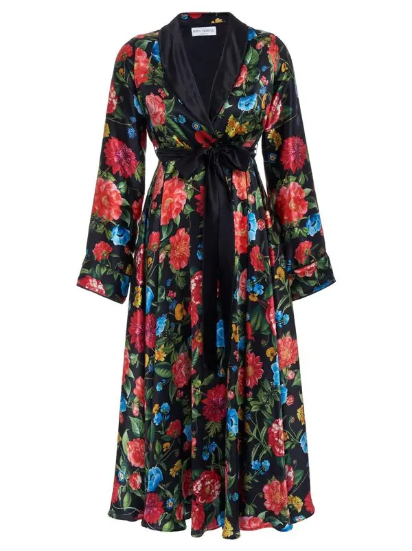 SOFIA TSERETELI Floral Print Silk Satin Dressing Gown - Black