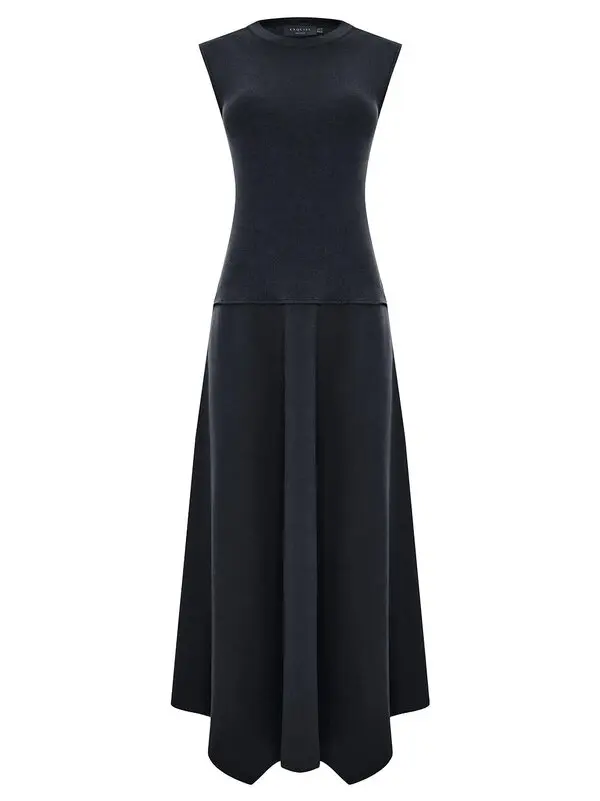 EXQUISE Ribbed Sleeveless Poplin Skirt Dress - Black