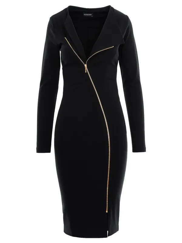 ROSERRY Zipped Long Sleeve Midi Dress - Black