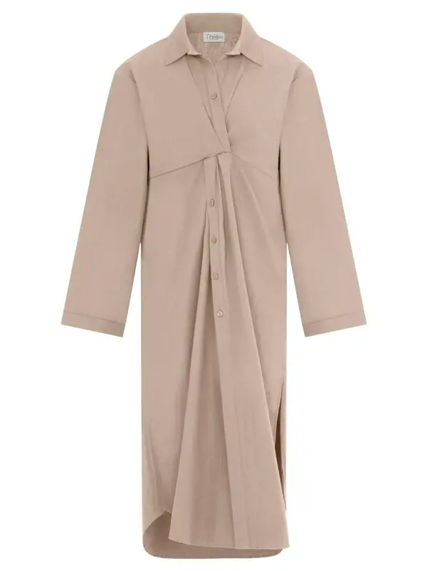 THISISU COLLECTION Twist Front Midi Shirt Dress - Beige