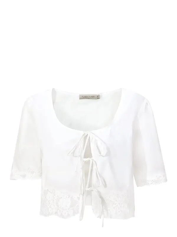 NUAJE NUAJE Lace Trim Tie Front Cotton Top - White