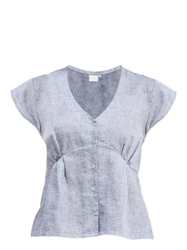 REISTOR Linen Striped Short Sleeve Top - Grey