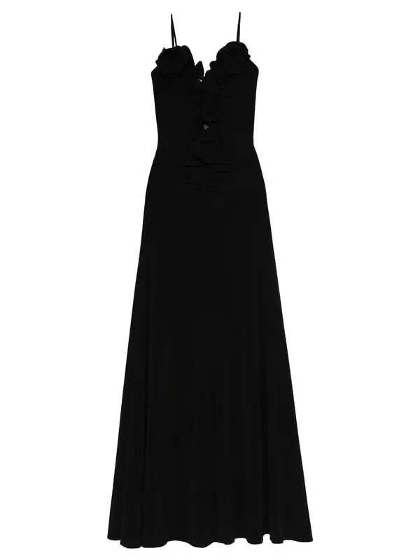 NISSA Floral-appliqué Jersey Midi Dress - Black