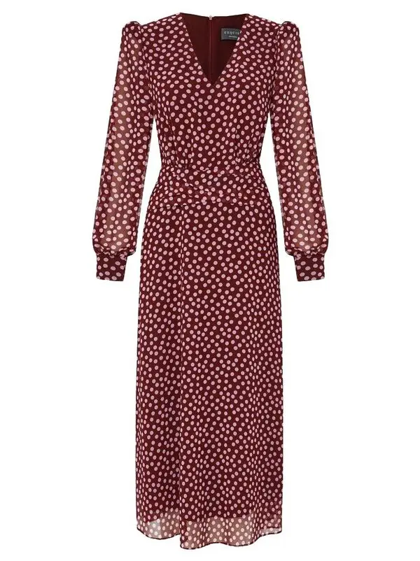 EXQUISE Polka Dot Chiffon Midi Dress - Red