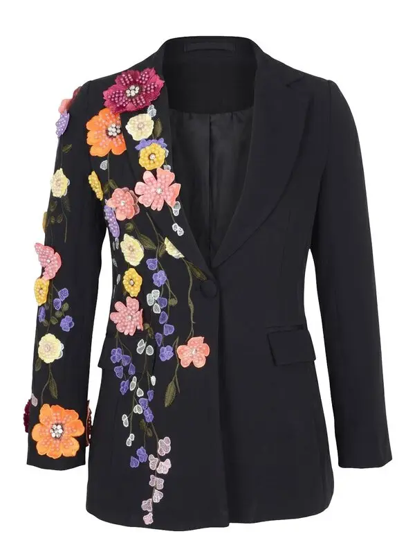 MODENAIRE Asymmetric Floral Appliqué Blazer - Black