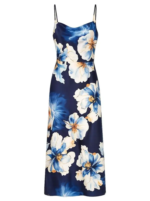 YUMI Cowl Neck Floral Midi Slip Dress - Blue