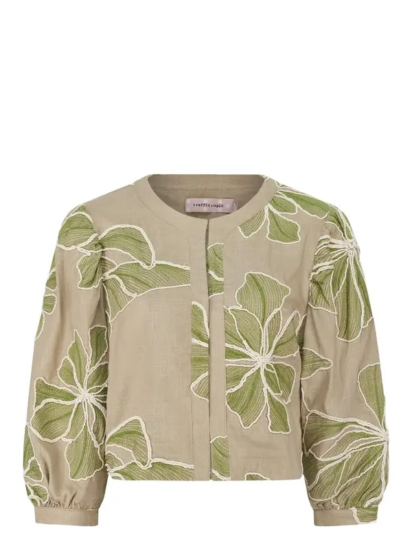 TRAFFIC PEOPLE Cropped Bomber Jacket With Floral Embroidery - Green/white