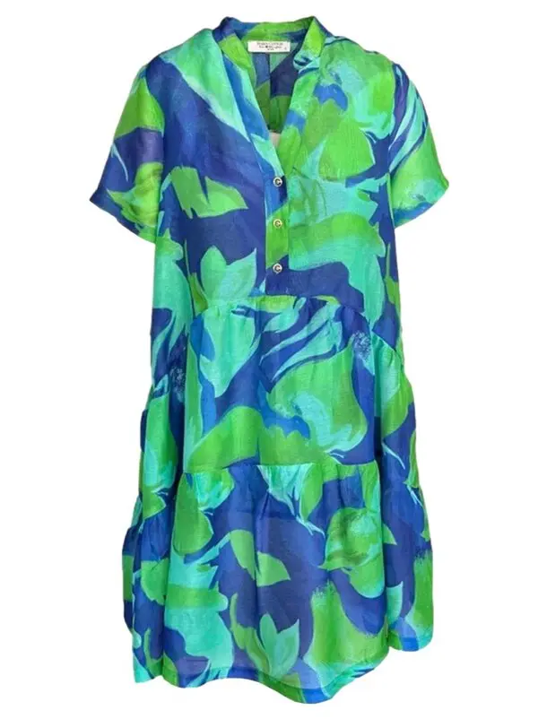 Haris Cotton Printed Mini Linen Blend Dress - Green/blue