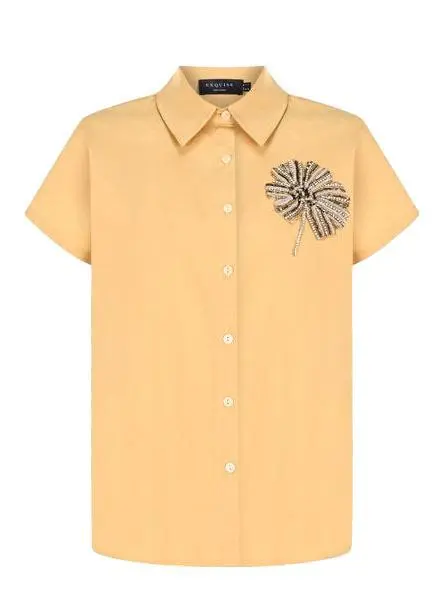 EXQUISE Stone Embellished Cotton Shirt - Yellow
