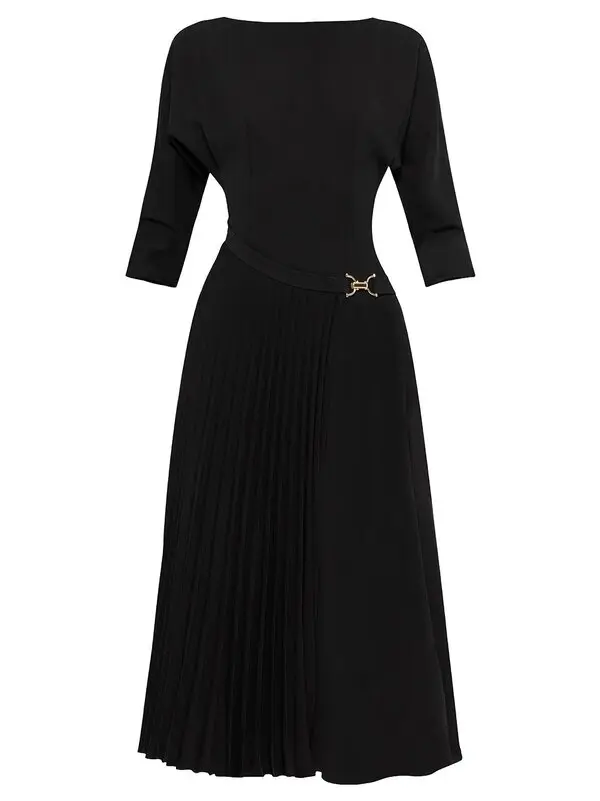 NISSA Pleated A-line Midi Dress - Black