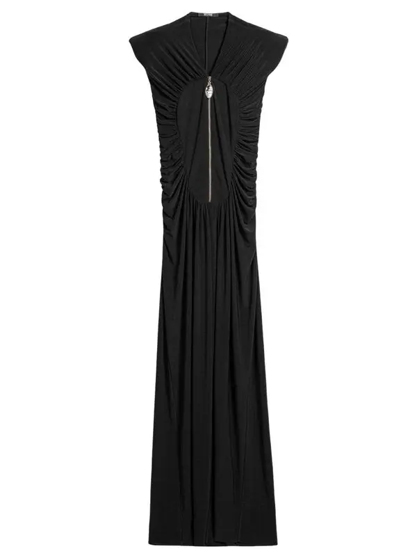 NOCTURNE Ruched Deep V-neck Maxi Dress - Black
