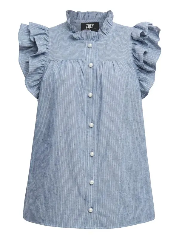 ZOEY Selma Striped Frill Collar Button-up Top - Blue