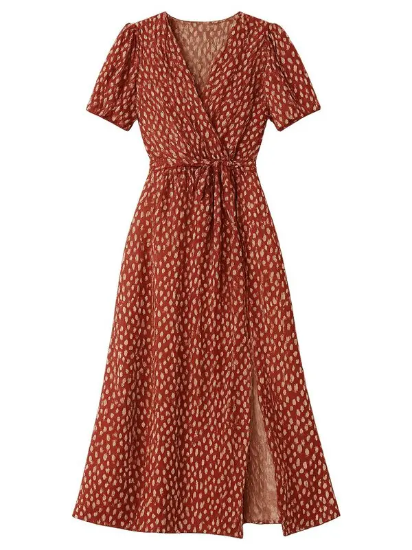 YUMI Spot Wrap Midi Dress - Brown