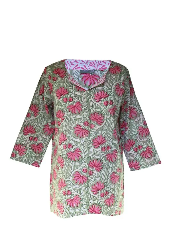 LIME TREE DESIGN Block Printed Tunic Top - Green/pink