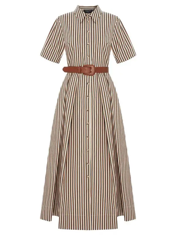 EXQUISE Striped Belted Midi Shirt Dress - Beige/brown