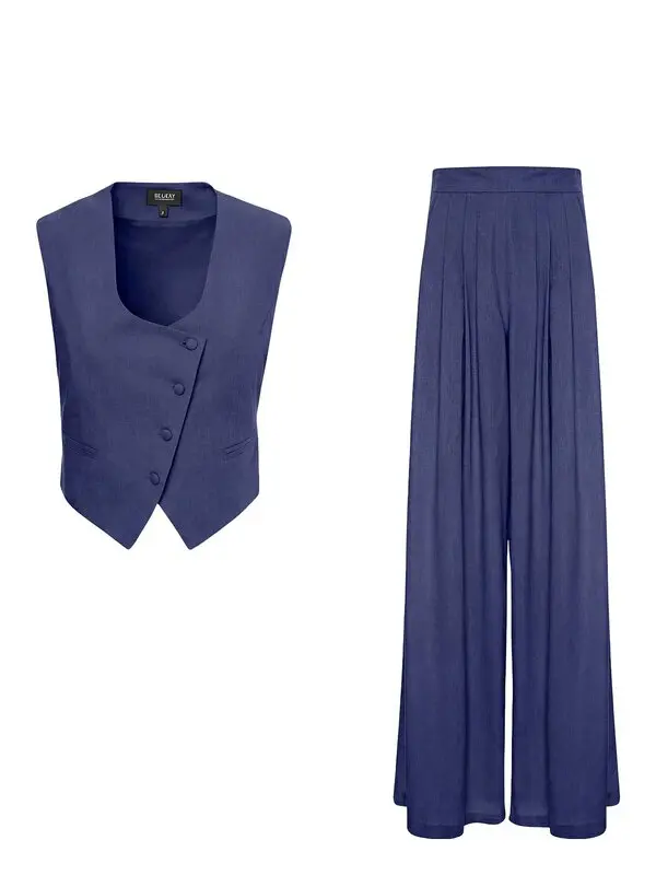 BLUZAT Linen Vest And Wide-leg Trousers Set - Blue