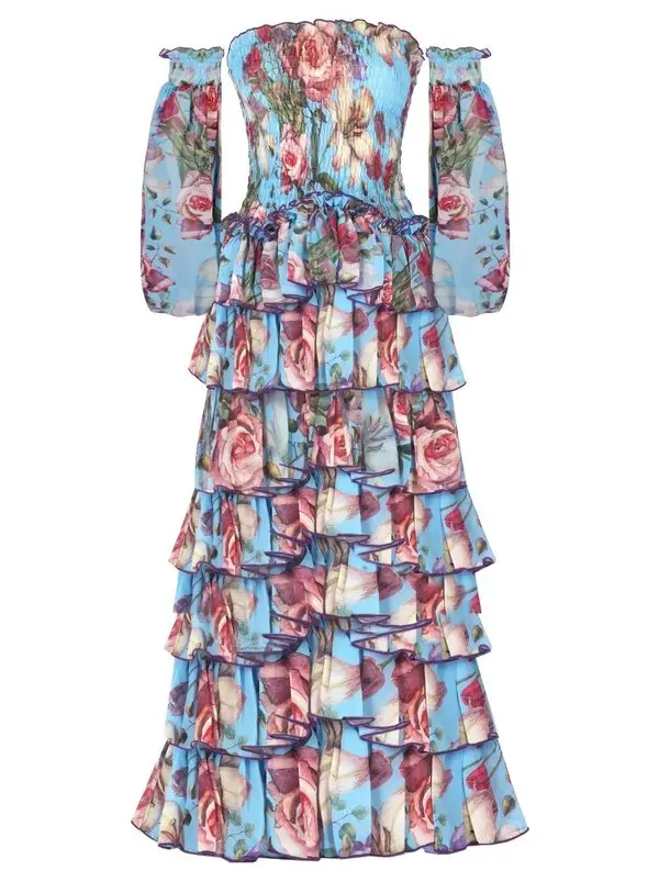 NUR KARAATA Rosa Blu Floral Maxi Dress - Blue