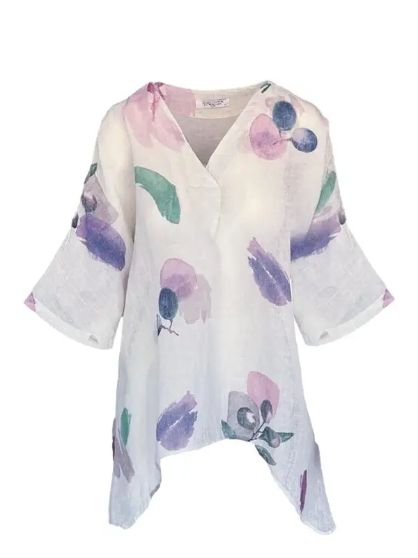 Haris Cotton Oversized Linen Gauze Printed Blouse - White/green/brown