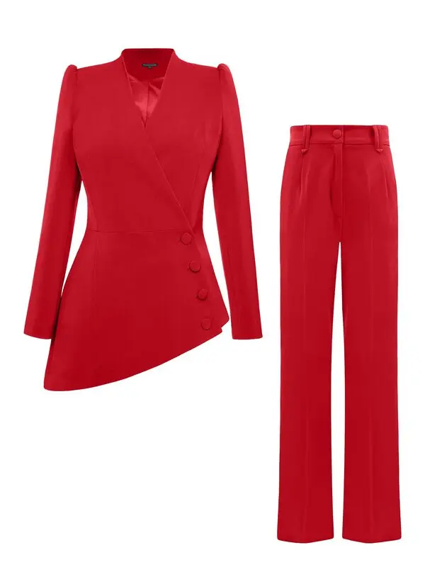 TIA DORRAINE Asymmetric Blazer With Straight Leg Trousers - Red