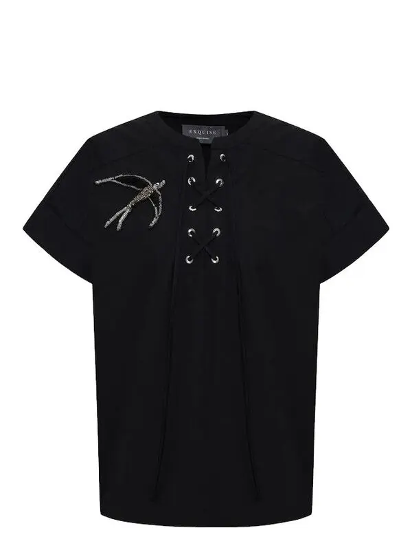EXQUISE Celeste Cotton Blouse With Embellished Lace-up Detail - Black
