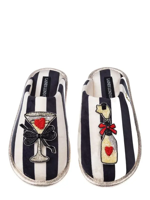 LAINES LONDON Flatform Stripe Closed Toe Slippers With Brooches - Black/white