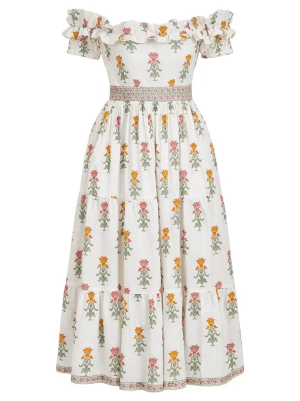 ECHO OF PINK Isla Floral Hand Block-printed Cotton Maxi Dress - White
