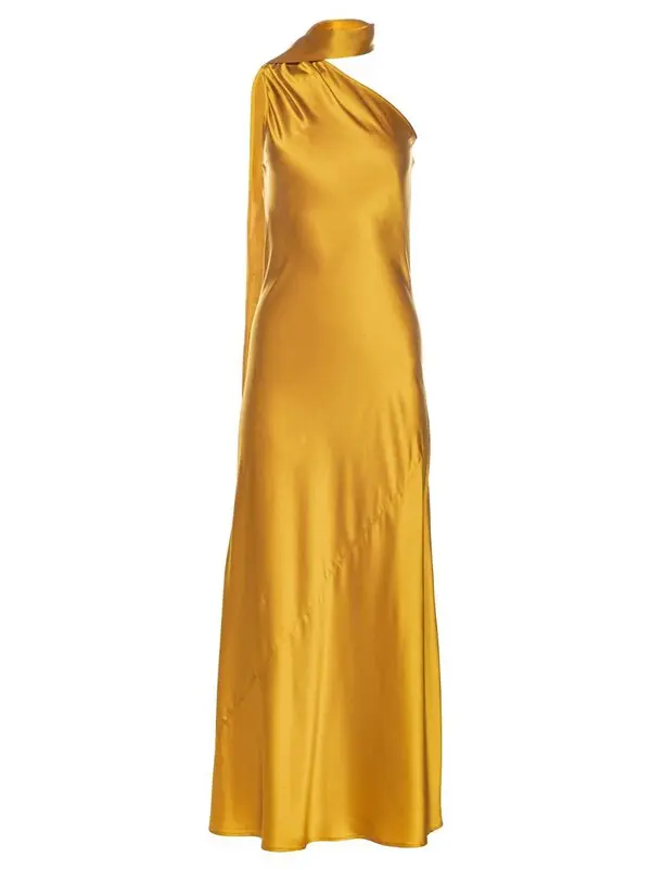 VASILIKI ATELIER Amal Silk Slip Maxi Dress With Corsage - Gold