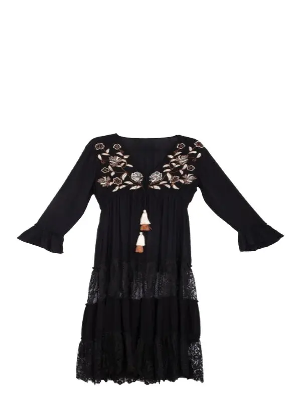 Saachi Floral Lace Tiered Kaftan - Black