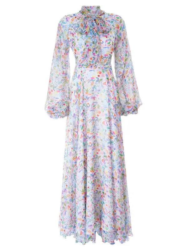 SOFIA TSERETELI Long Chiffon Dress In Watercolor Print - White