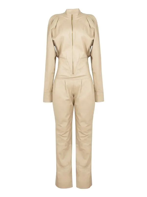 PALOMA LIRA Leather Jumpsuit With Zipper And Padded Shoulders - Beige/black