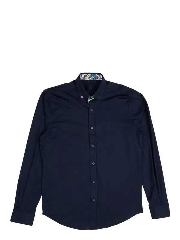 EIGHT X Solid Cotton Stretch Button Down Shirt W/ Abstract Trim - Blue
