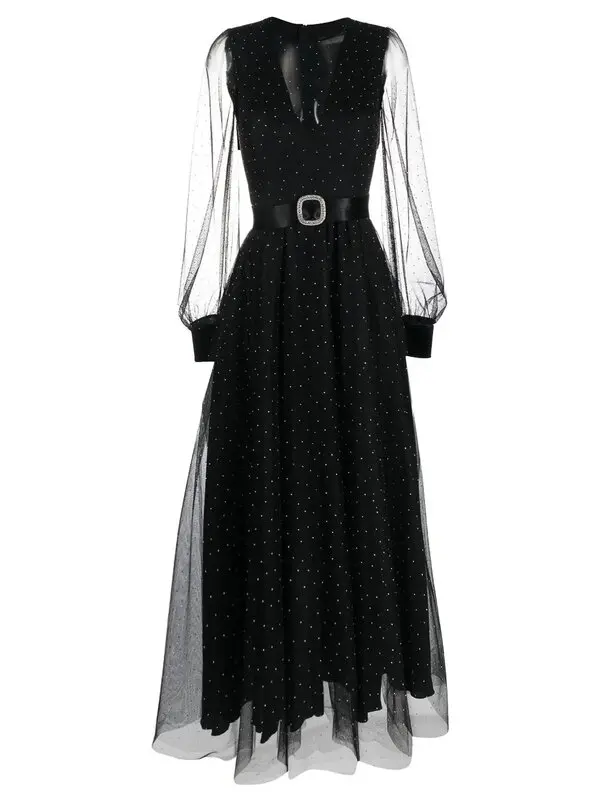 NISSA Crystal-embellished Tulle Midi Dress - Black