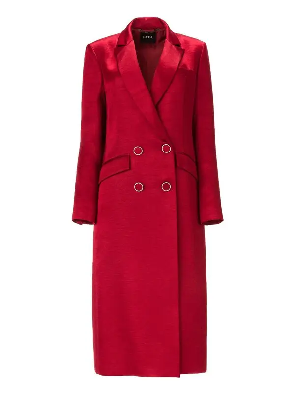 LITA COUTURE Belted Midi Trench Coat In Satin Blend - Red