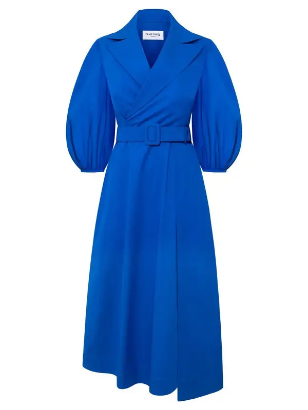 FEMPONIQ Wide Lapel Asymmetric Belted Midi Cotton Dress - Blue