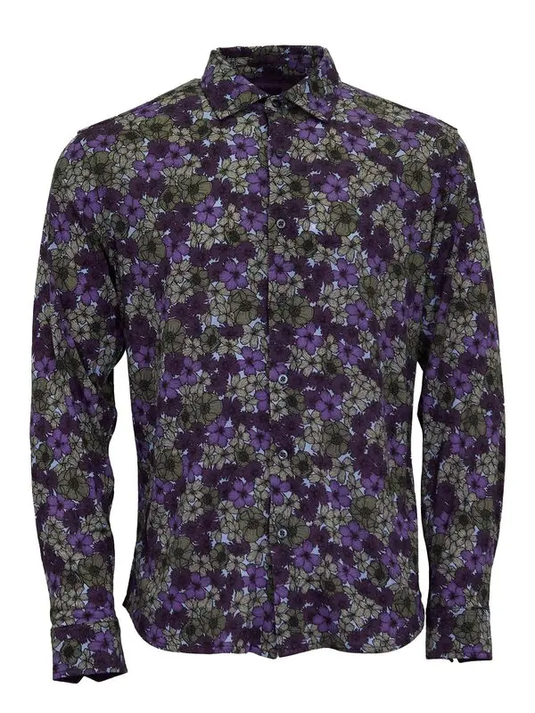 LORDS OF HARLECH Sherlock Dense Floral Tailored Merino Shirt Olive - Green
