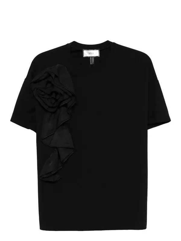 NISSA Floral-appliqué Viscose T-shirt - Black