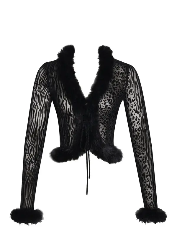 MISS CIRCLE NEW YORK Animal Print Velvet Top With Fur Trim - Black