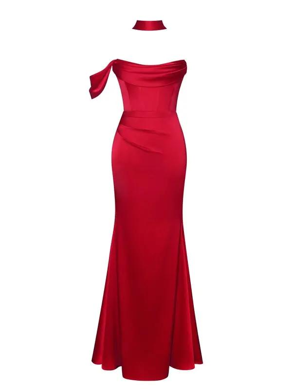 MISS CIRCLE NEW YORK Ivona Halter Neck Duchess Satin Gown - Red