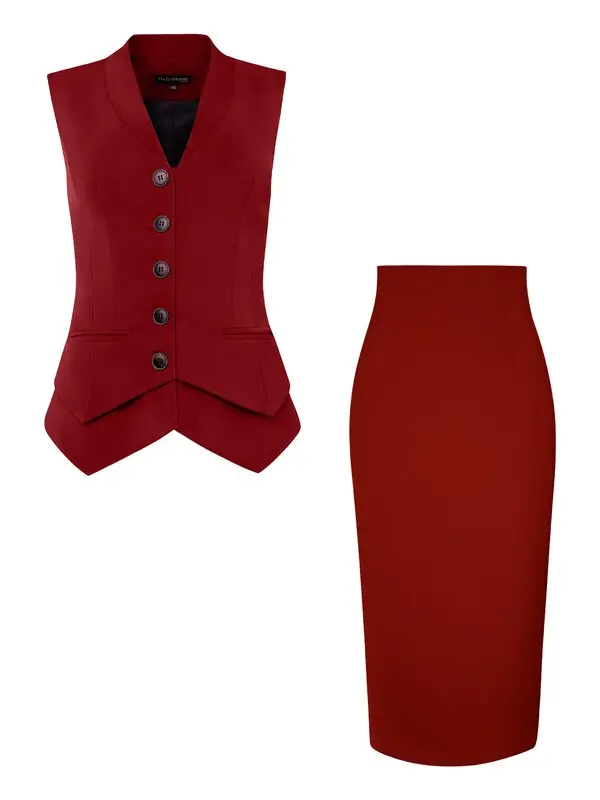 TIA DORRAINE Fitted Waistcoat & Skirt Set - Red