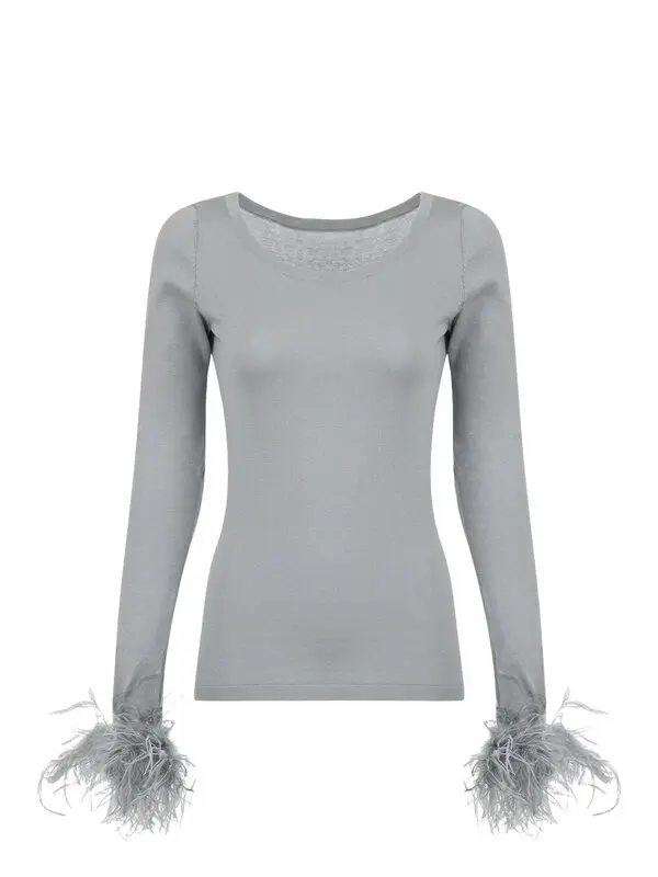 ANDREEVA Long Sleeve Knit Top With Feather Trim - Grey