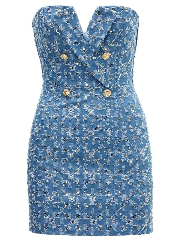NISSA Sequined Denim Mini Dress - Blue