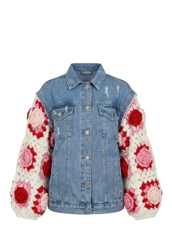 CY BOUTIQUE Handknit Floral Denim Jacket - Pink